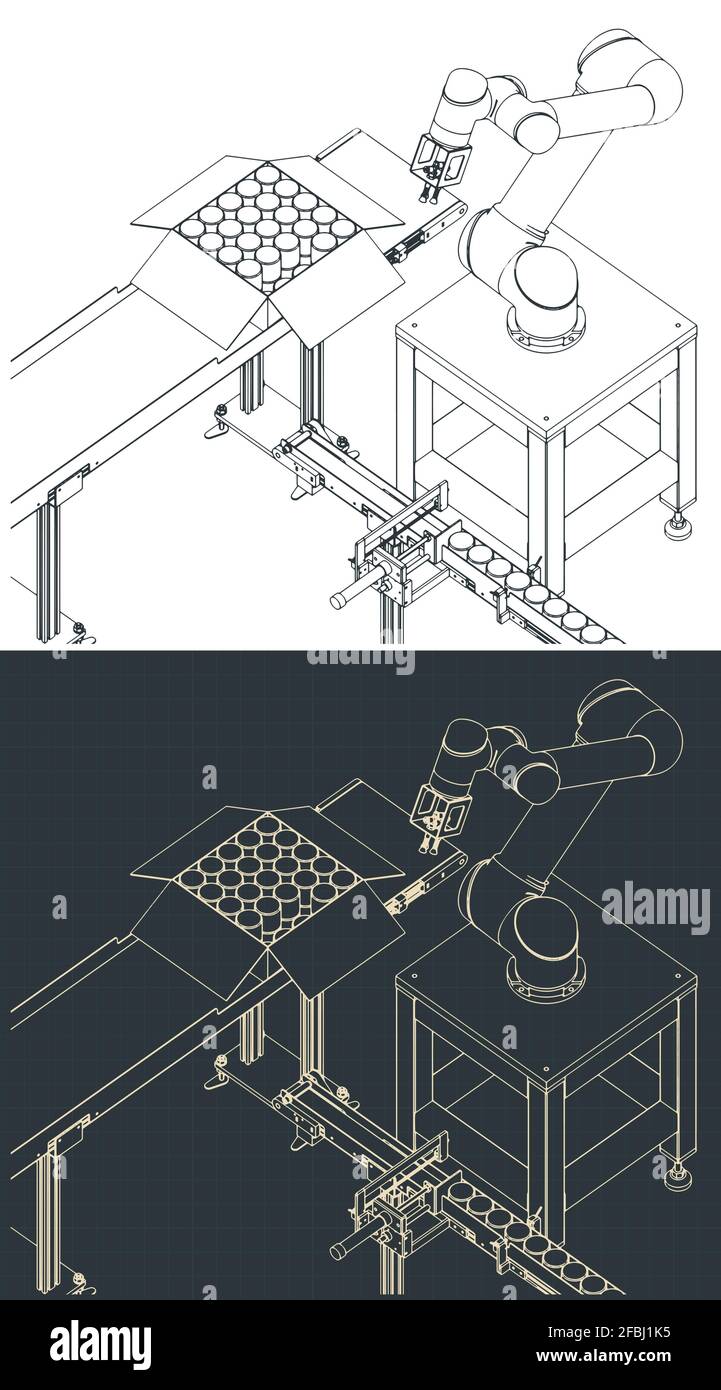 Stylized vector illustration of robotic factory line drawings Stock ...