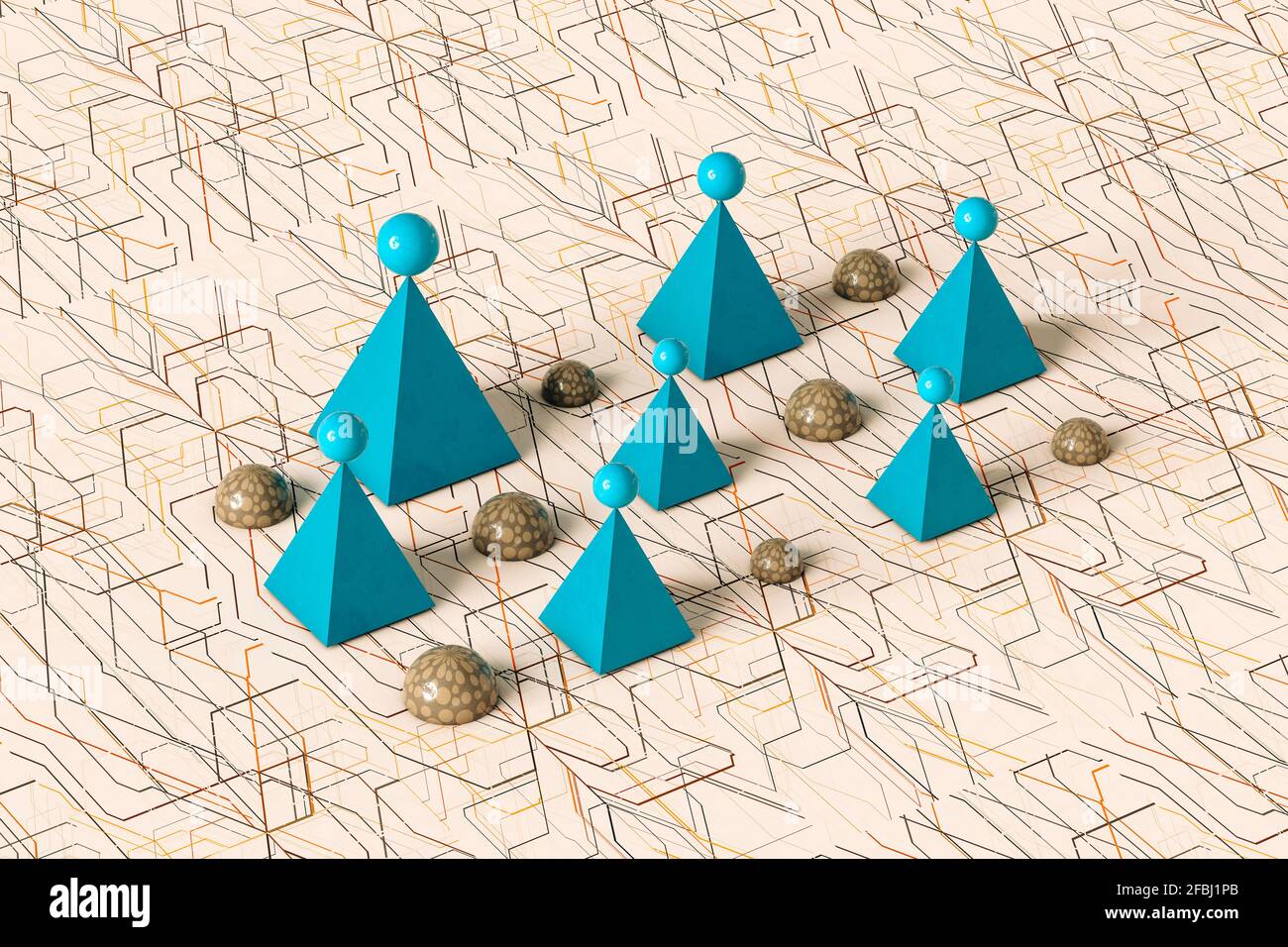 Blue pyramids and spheres on pink background Stock Photo - Alamy