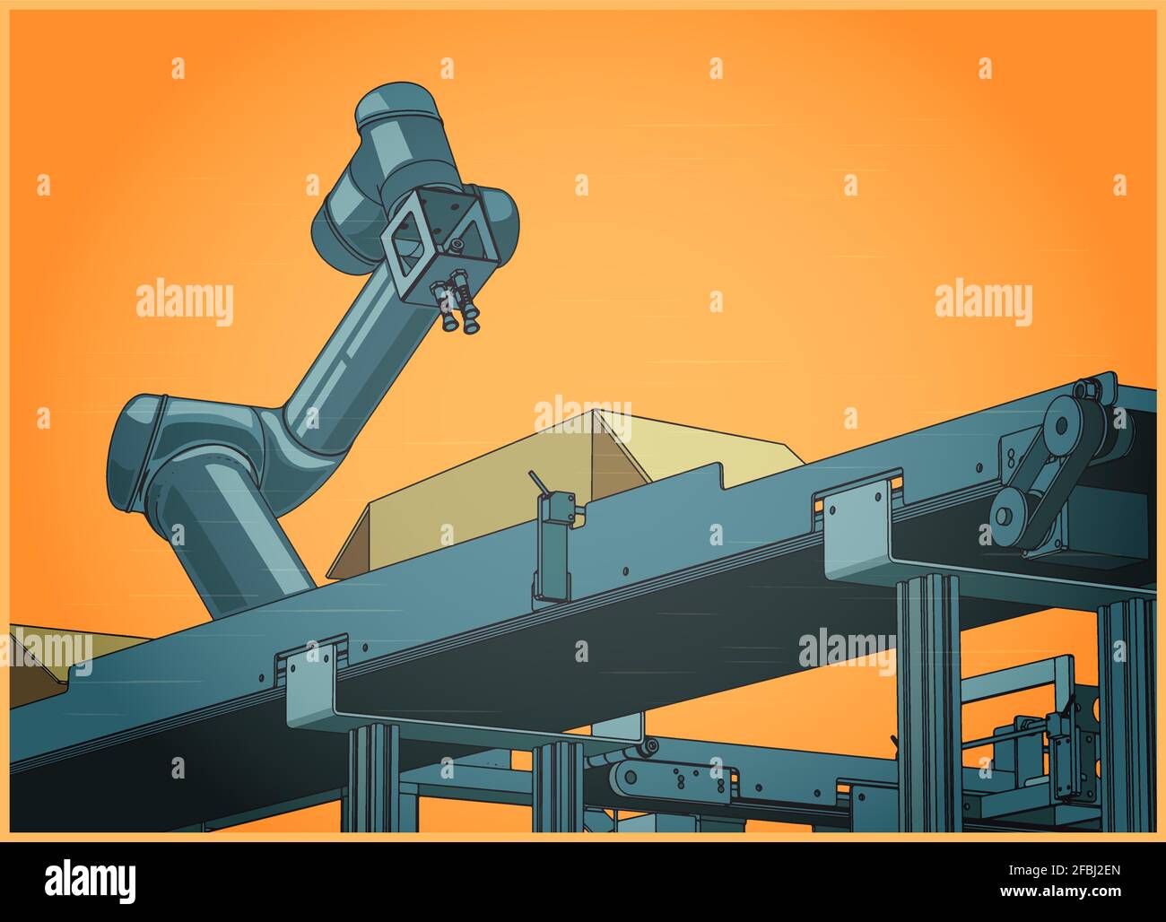 Stylized vector illustration of robotic factory line retro poster Stock ...