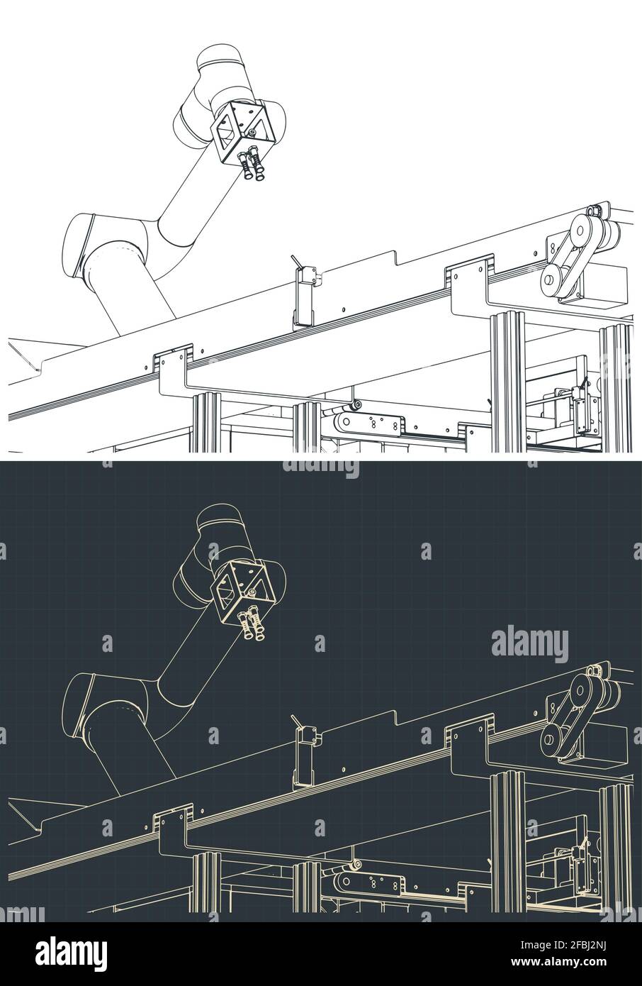Stylized vector illustration of robotic factory line drawings Stock ...