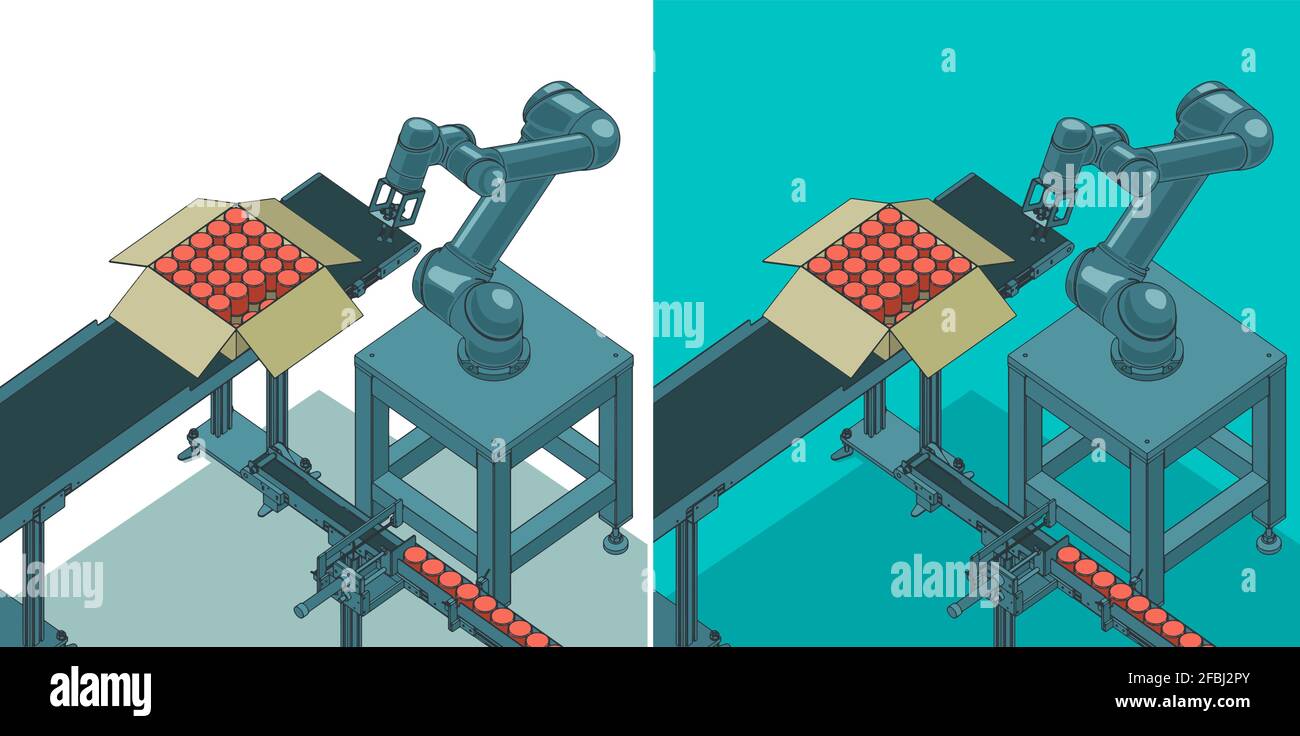 Stylized vector illustration of robotic factory line drawings Stock ...