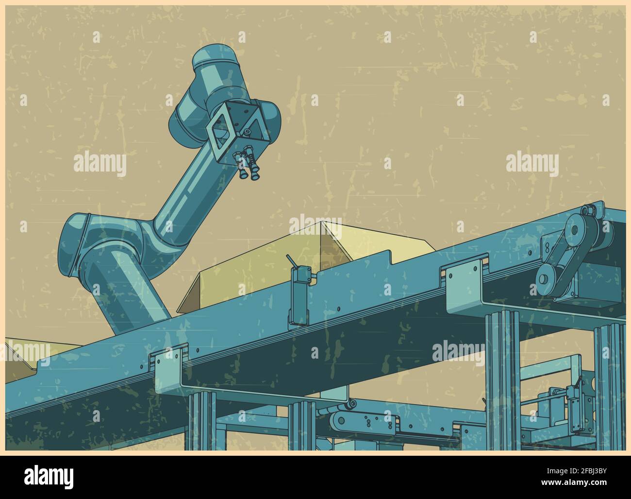 Stylized vector illustration of robotic factory line retro poster Stock ...