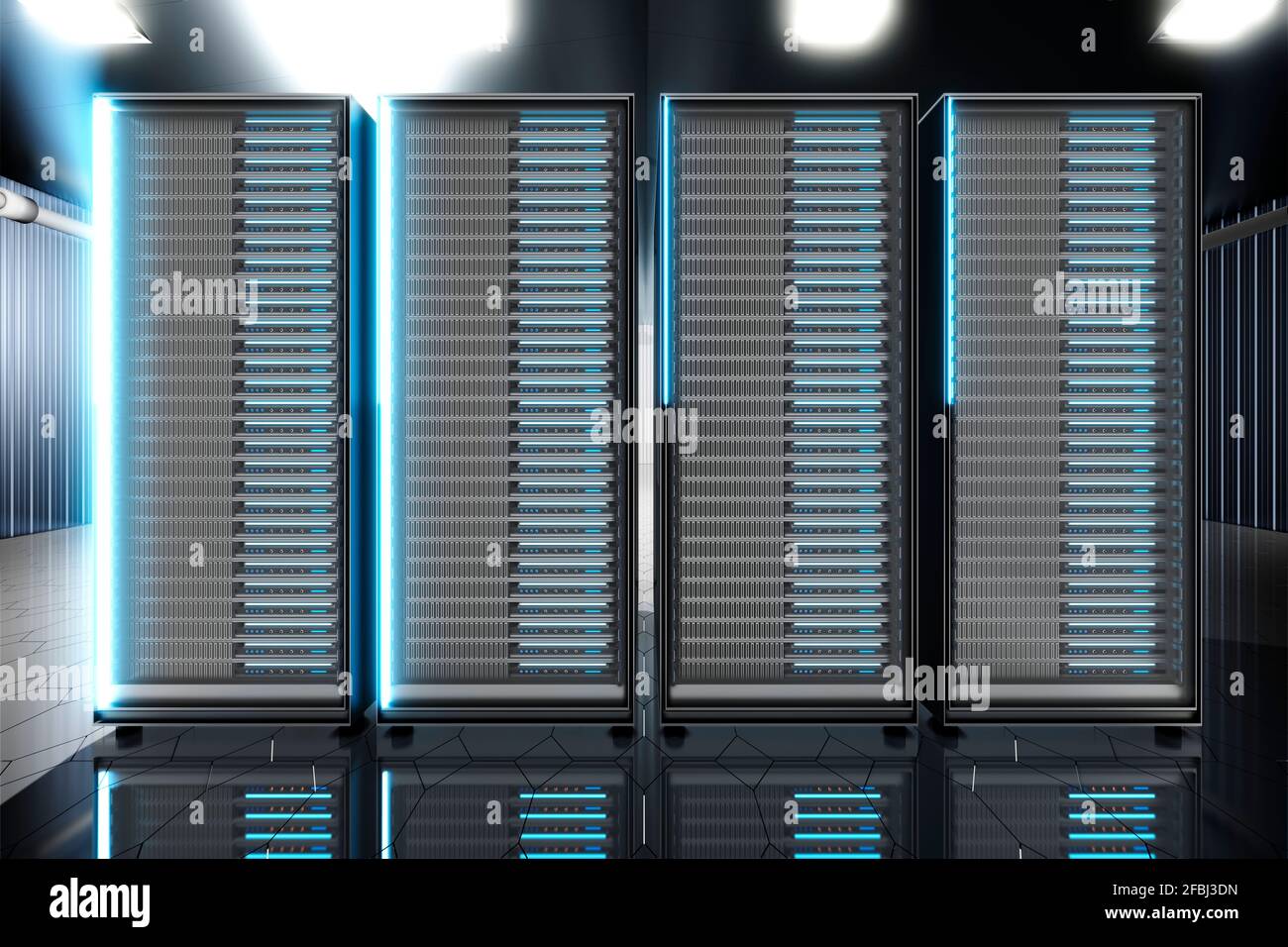 Three dimensional render of network server towers standing in server ...