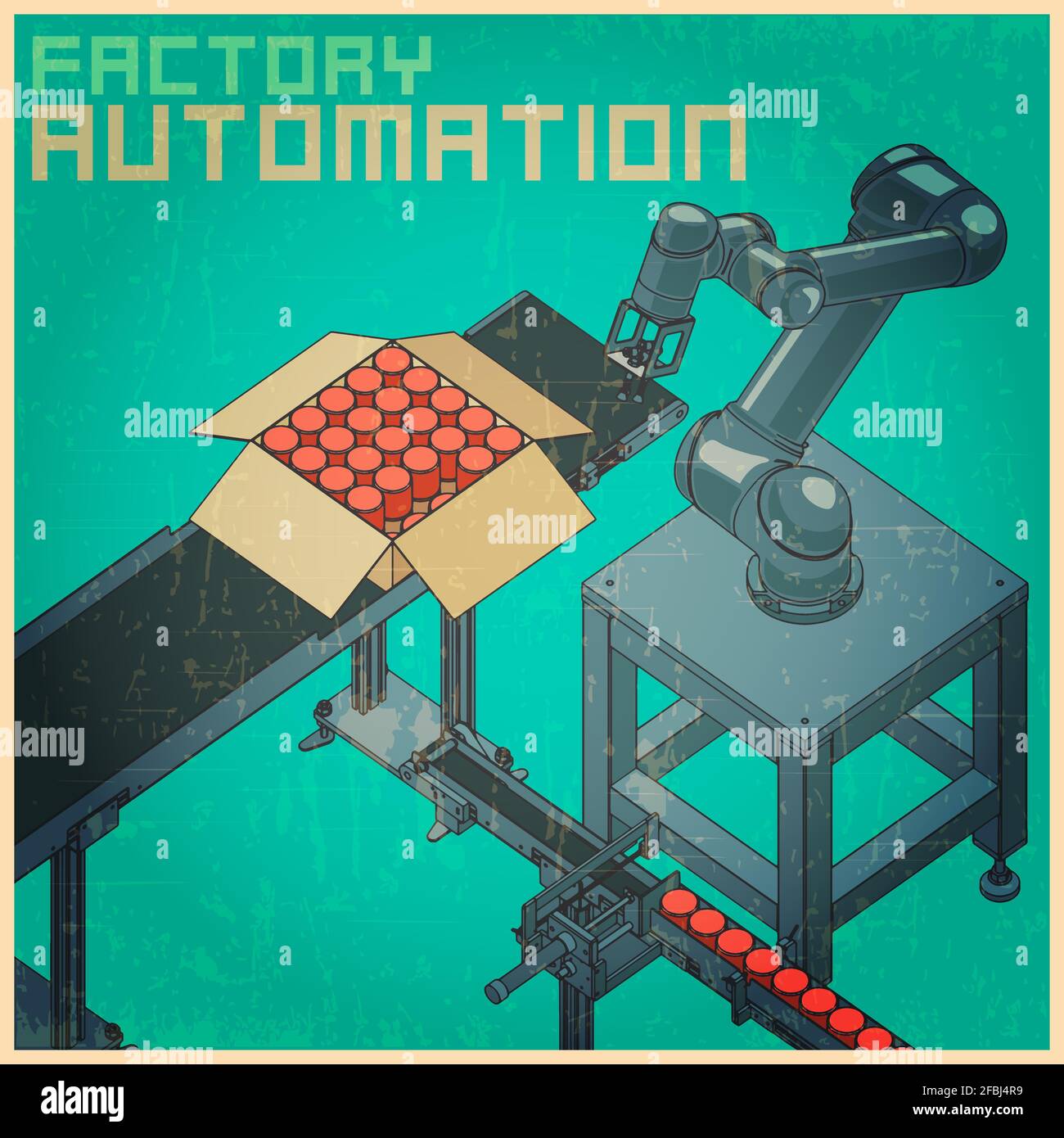Stylized vector illustration of robotic factory line retro poster Stock ...
