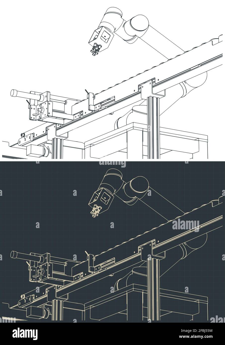 Stylized vector illustration of robotic factory line drawings Stock ...