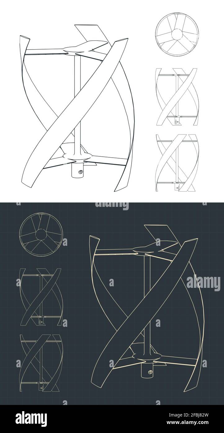 Stylized vector illustration of a vertical axis wind turbine blueprints ...