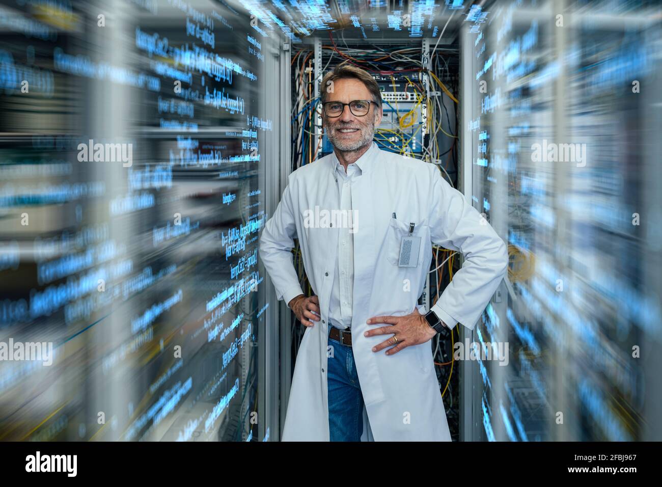 Server technician wearing lab coat standing amidst algorithms at data ...