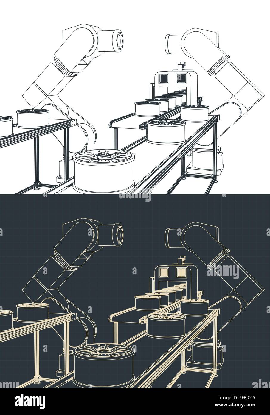 Stylized vector illustration of automated factory line drawings Stock ...