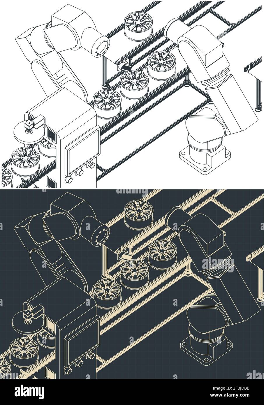 Stylized vector illustration of automated factory line isometric ...