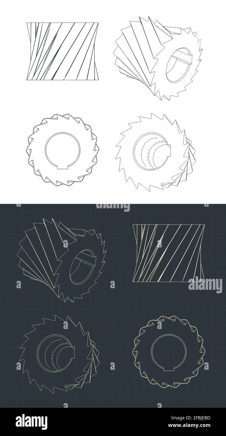 Stylized vector illustration of cylindrical milling cutter blueprints ...