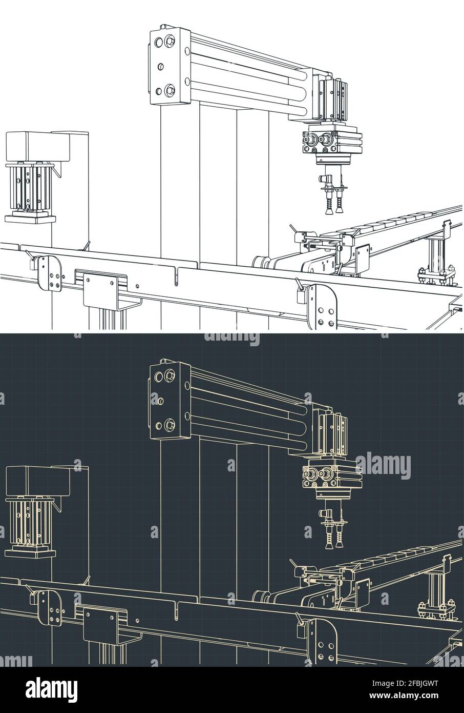 Stylized vector illustration of automated factory line drawings Stock ...