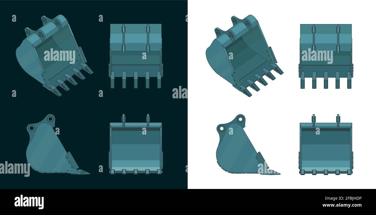 Stylized vector illustration of color drawings of a excavator bucket ...