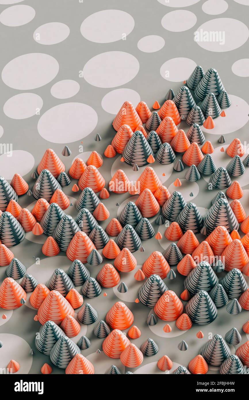 Three dimensional render of red and gray cones laid on polka dot ...