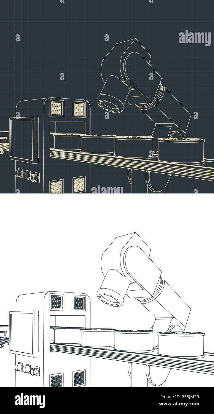 Stylized vector illustration of automated factory line drawings Stock ...