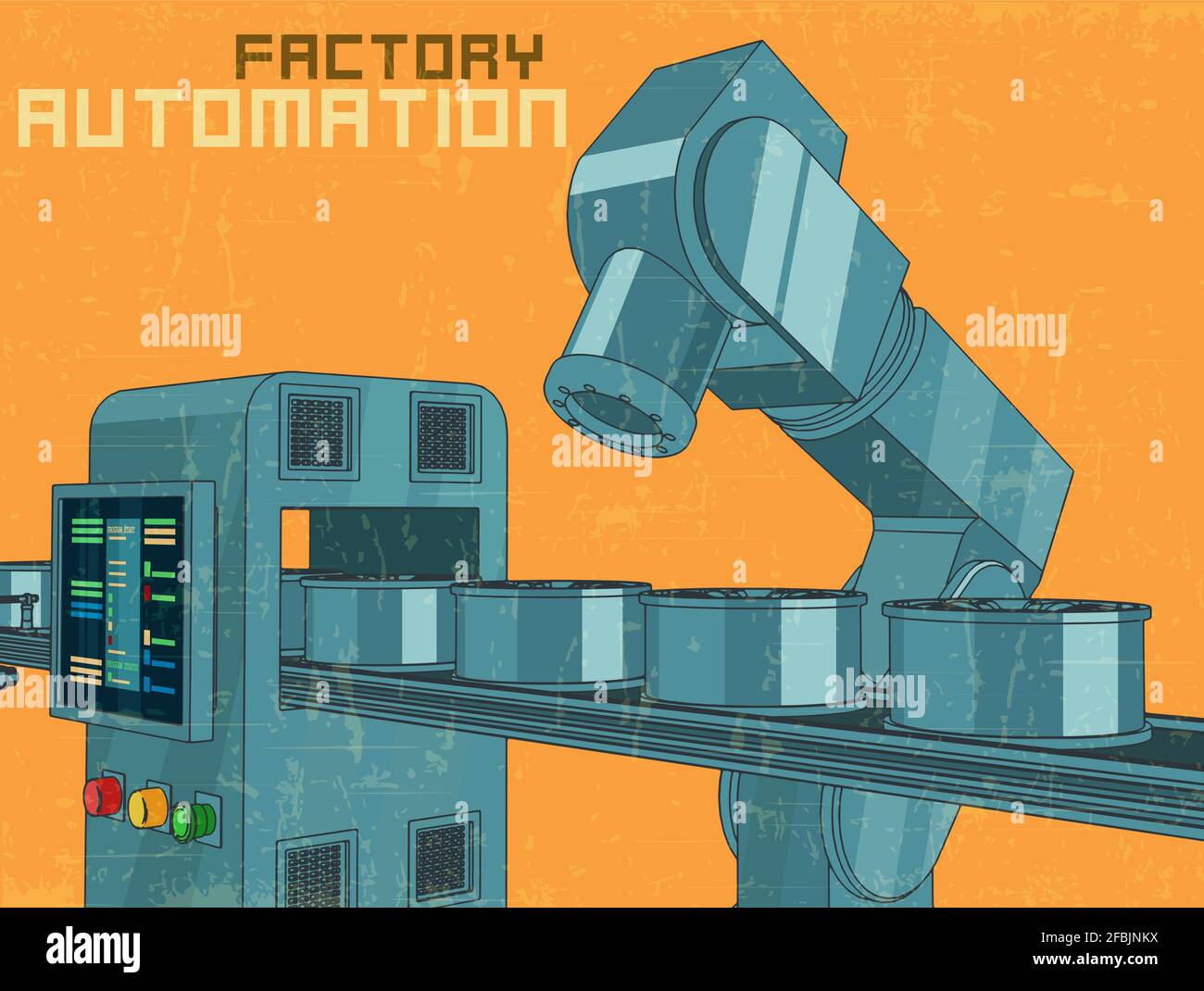 Stylized vector colorful illustration of automated factory line in ...