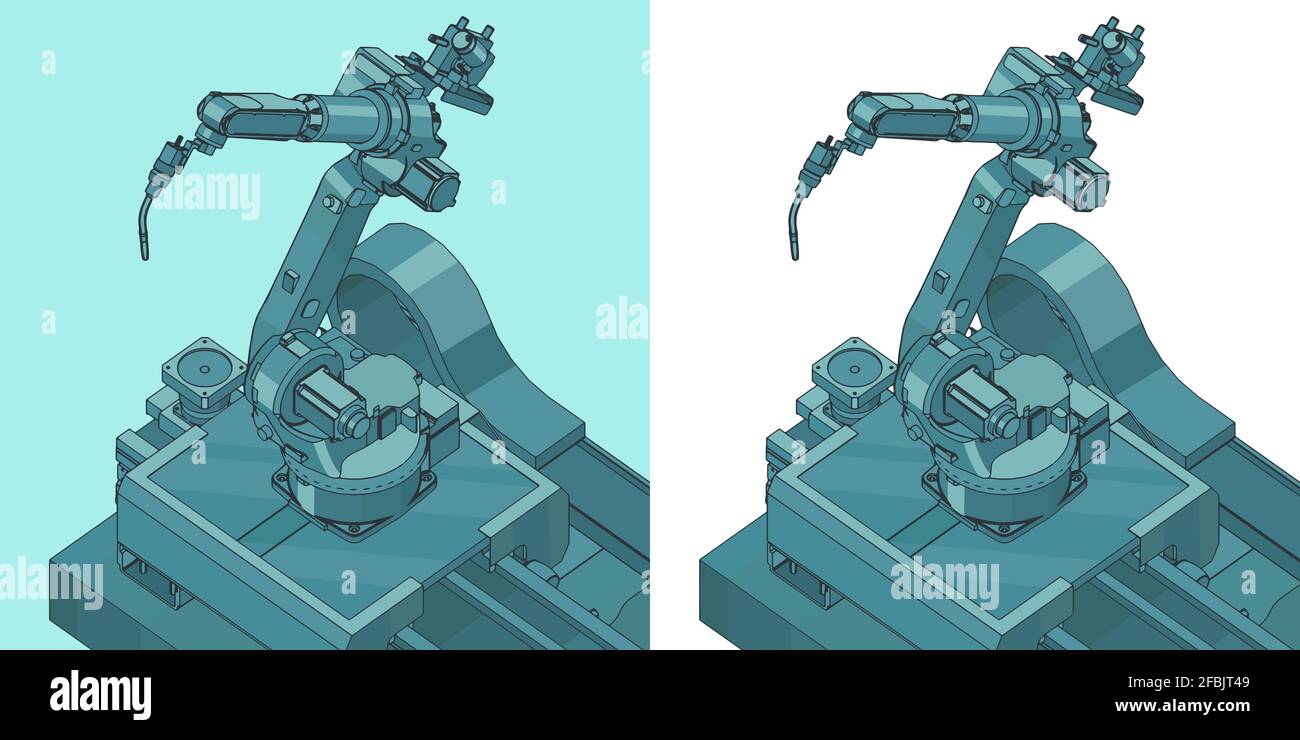 Stylized vector illustration of robotic welding machine for automated ...
