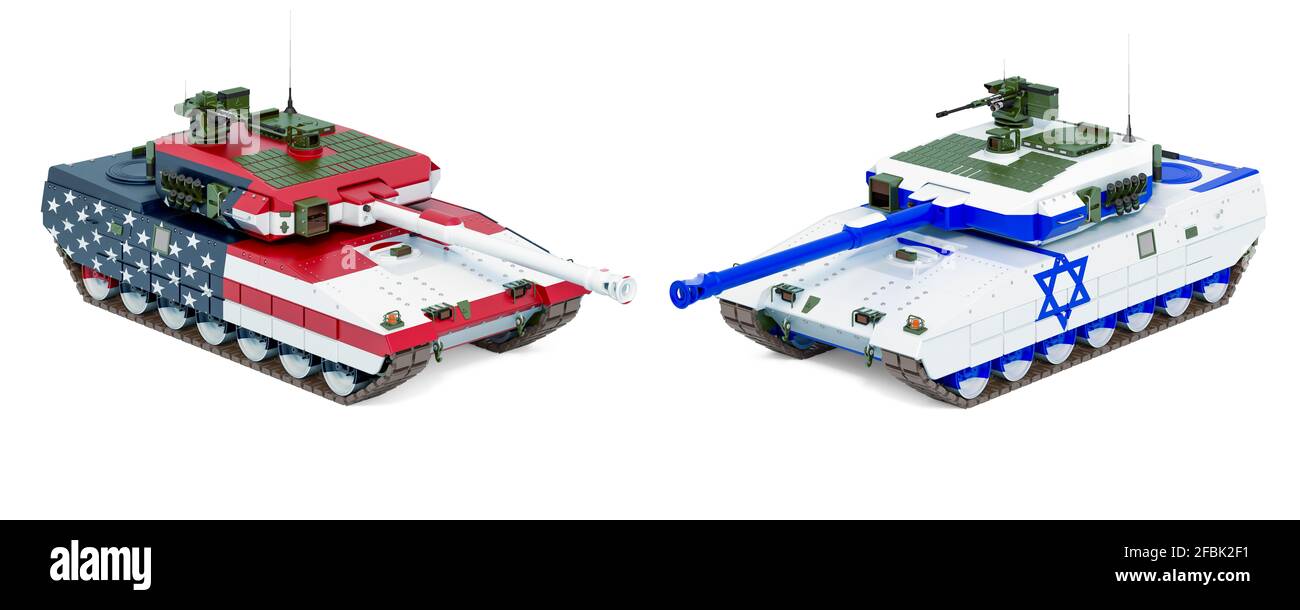 The US and Israel Joint Military Exercise concept. Battle tanks with ...