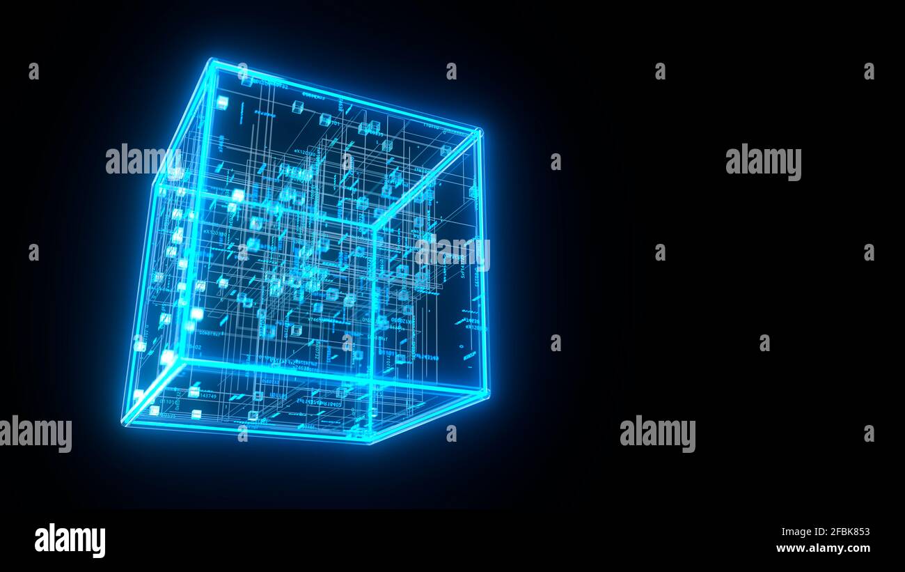 Three dimensional render of blue glowing blockchain cube Stock Photo ...