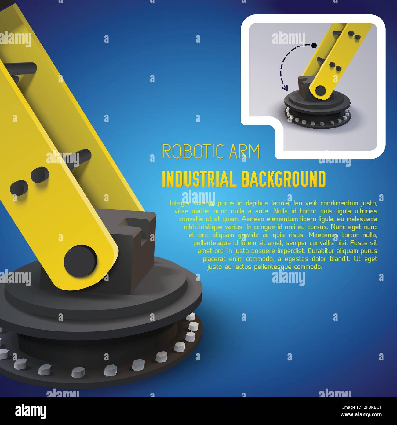 Yellow industrial background with big realistic iron robots arm and ...