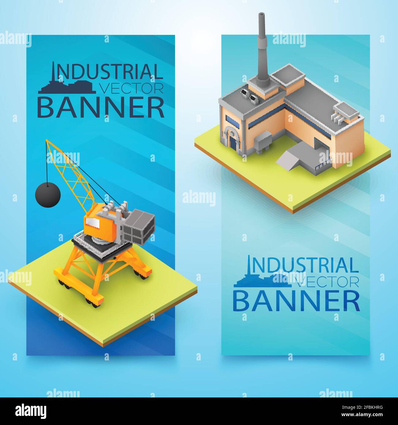 Two vertical isolated 3d industrial banner set with excavator factory ...