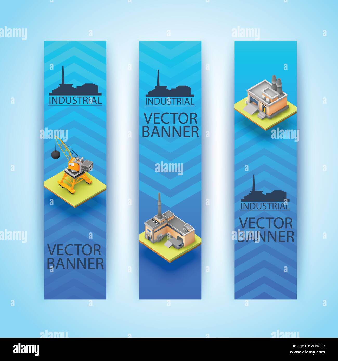 Three isolated isometric and vertical industrial banner set with big ...