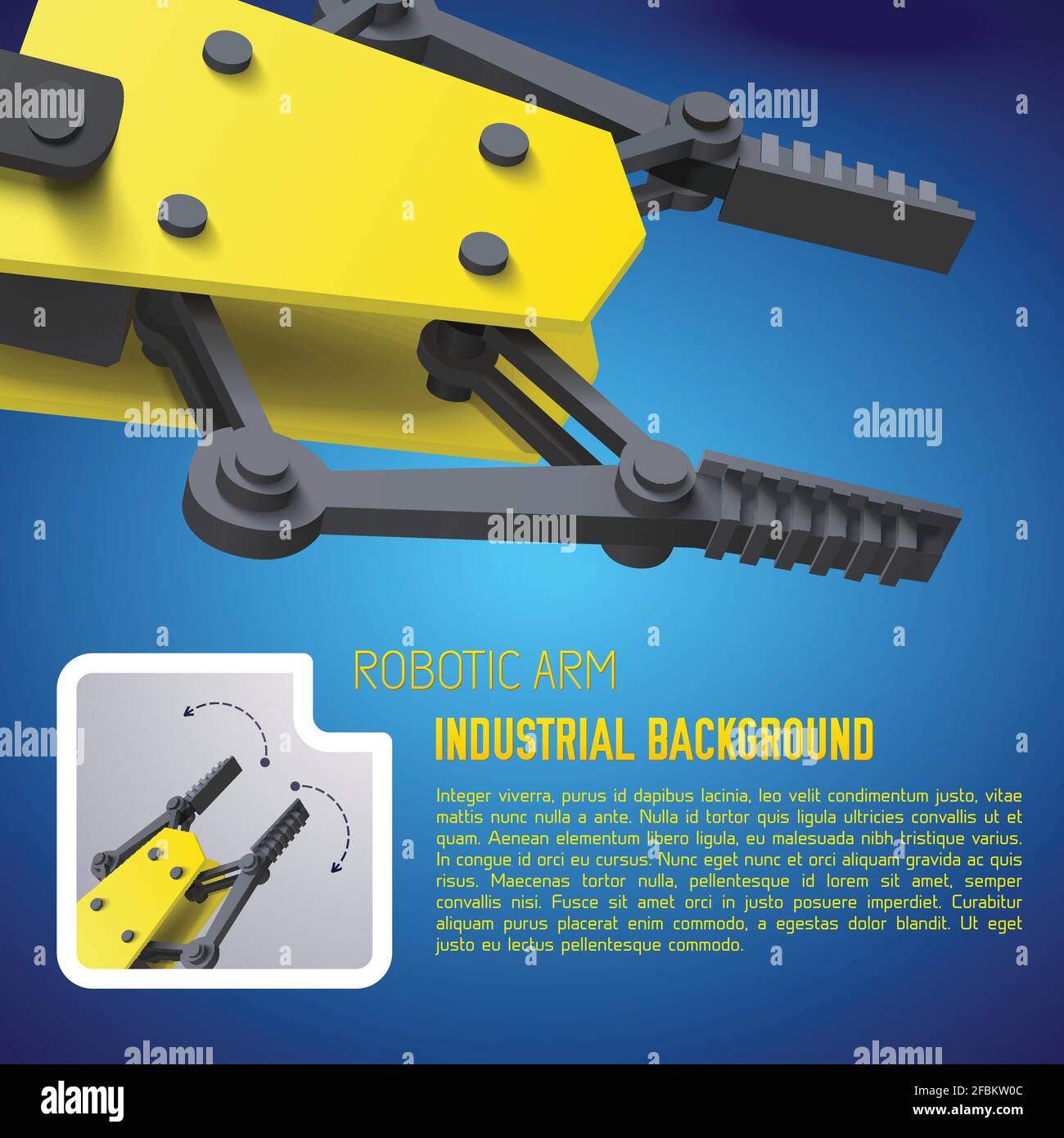 Robotic arm background with enlarged part of big machine at the factory ...