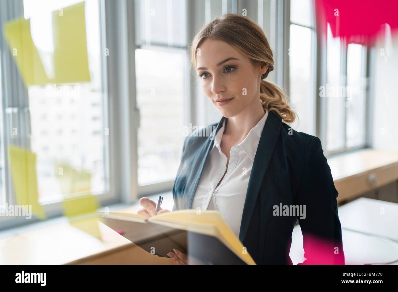 Female professional planning business strategy while writing in diary ...