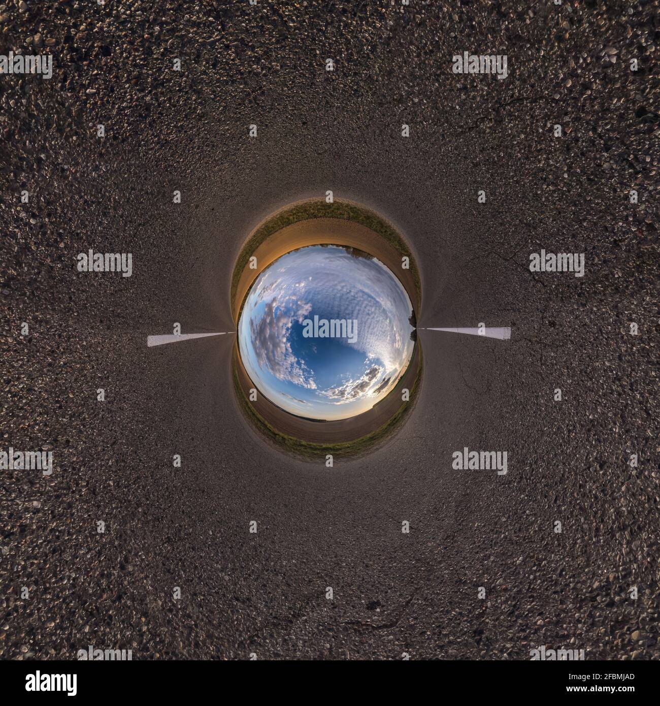 blue sky ball in middle of swirling field. Inversion of tiny planet ...