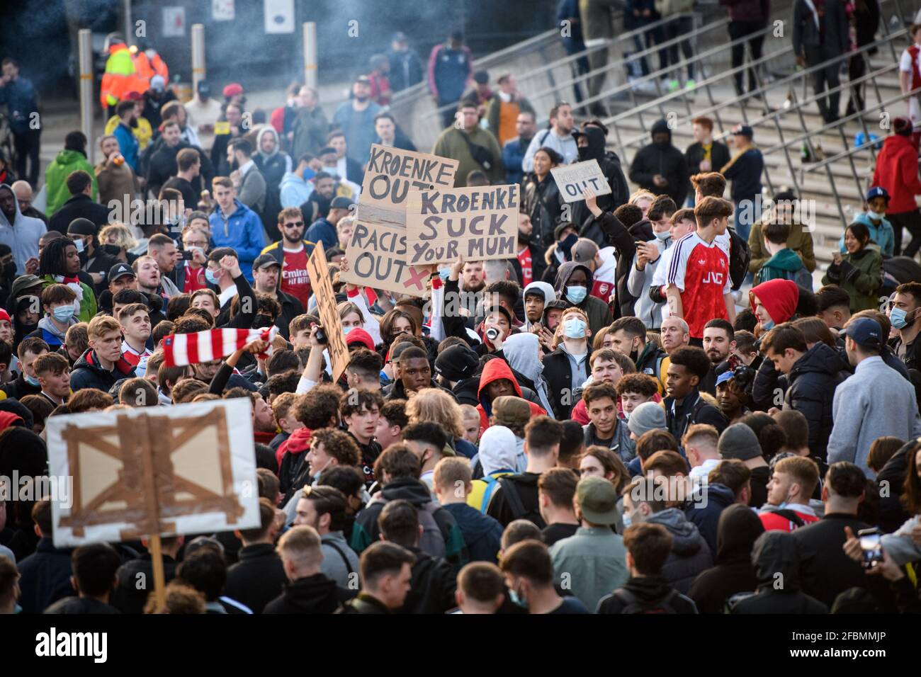 London, UK. 23 April 2021. Arsenal Fans protest against club owner Stan ...