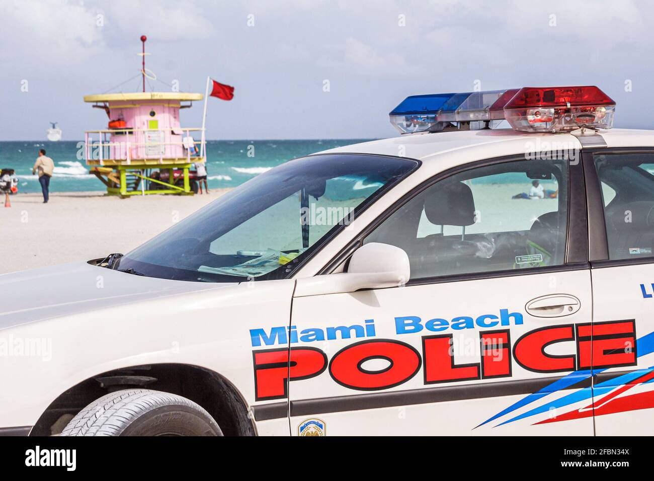 Miami Beach Florida,Atlantic Ocean shore,law enforcement police car ...