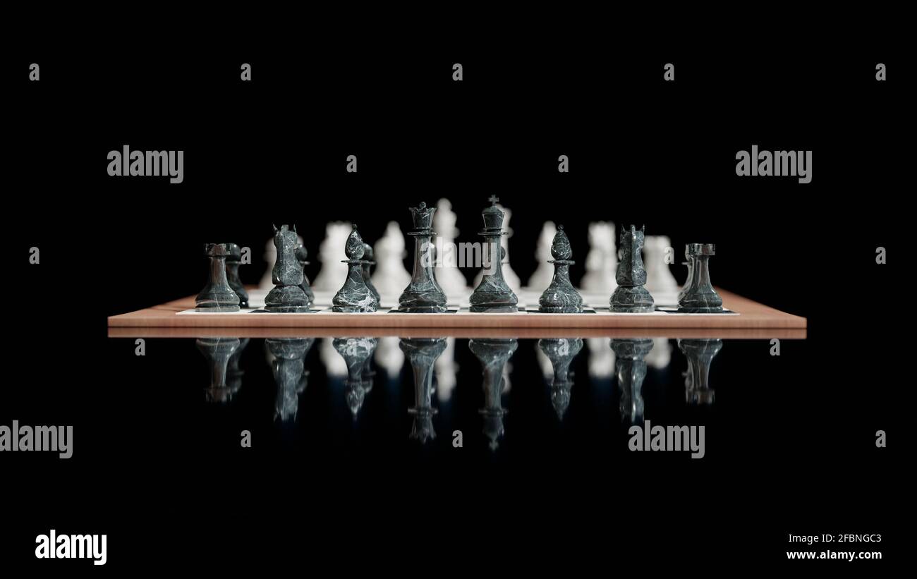 Chess formation on the board with reflections and black background ...