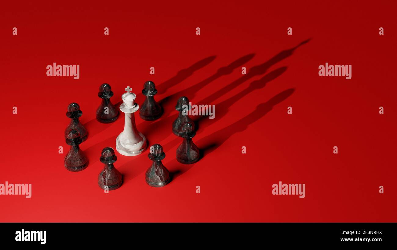 White chess king surrounded by black pawns. Power struggle, coup, class ...