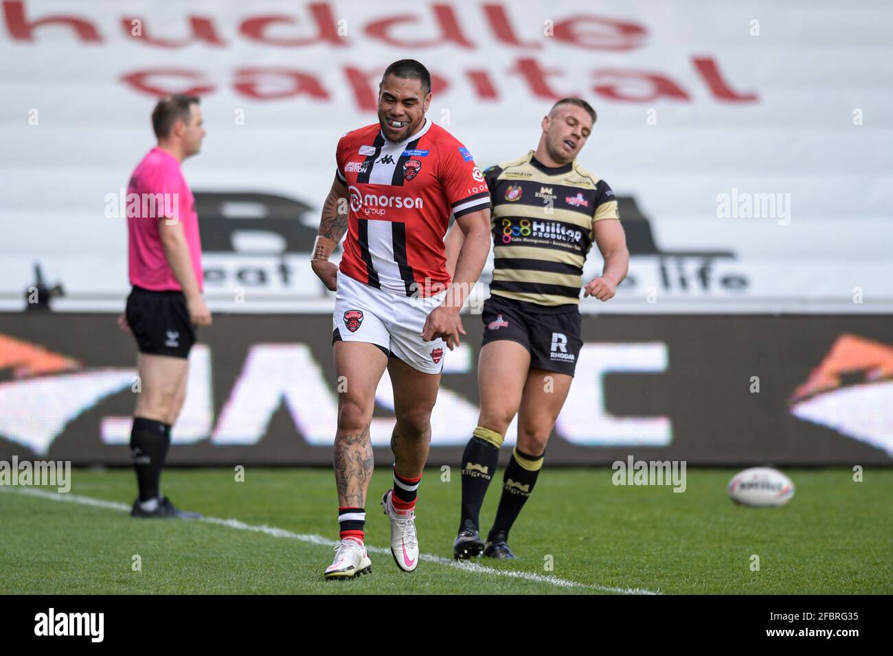 Eccles, UK. 23rd Apr, 2021. Ken Sio (2) of Salford Red Devils smiles ...
