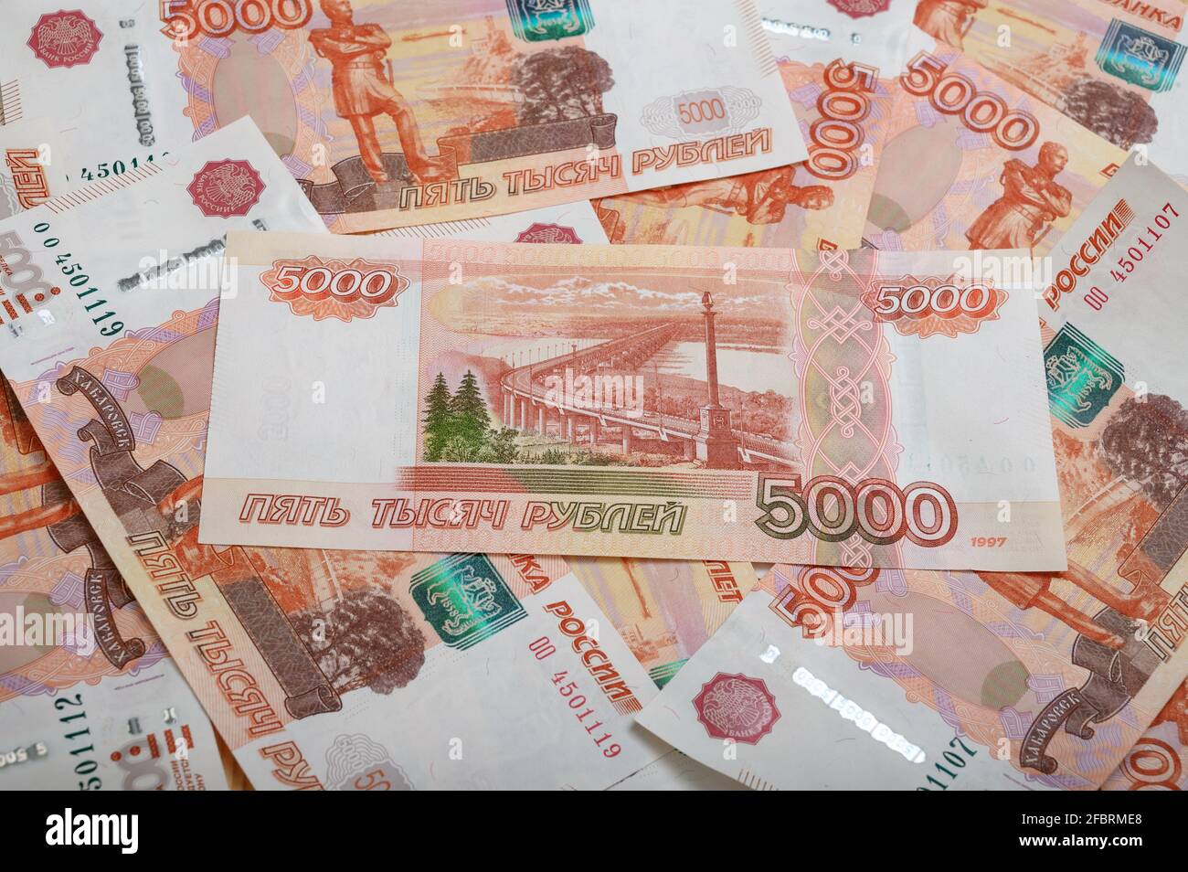 5000 rubles background. Russian banknotes at different angles Stock ...