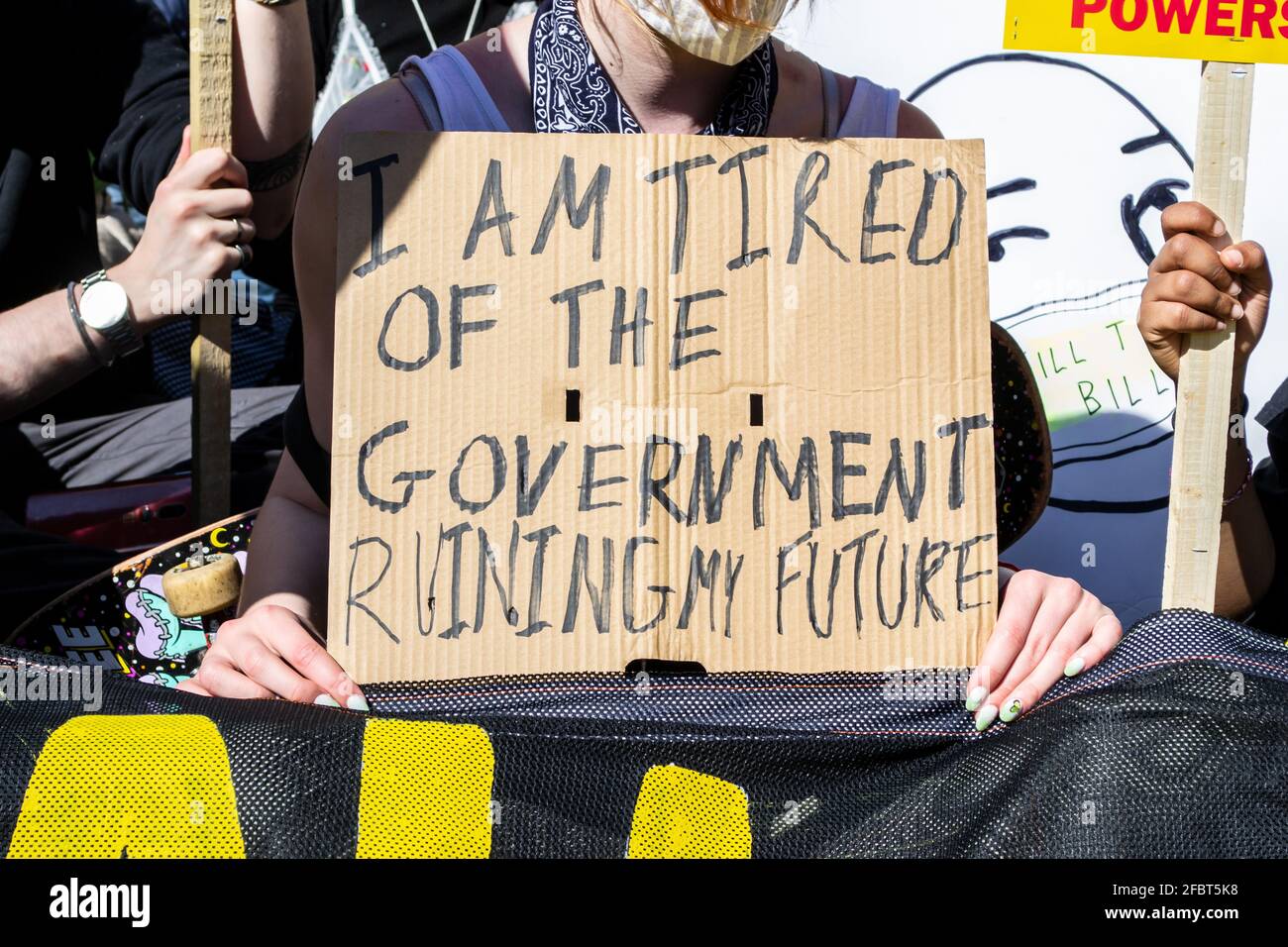 WHITEHALL, LONDON, ENGLAND- 17 April 2021: Protesters taking part in a ...