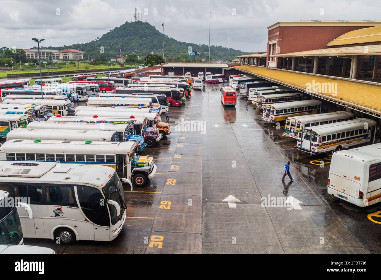 PANAMA CITY, PANAMA - MAY 28, 2016: Buses wait at Albrook Bus Terminal ...