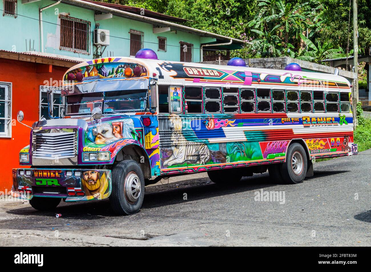 PORTOBELO, PANAMA - MAY 28, 2016: Colorful chicken bus, former US ...