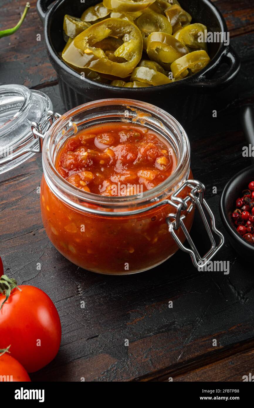 Traditional Latin American mexican, salsa sauce, on old dark wooden ...