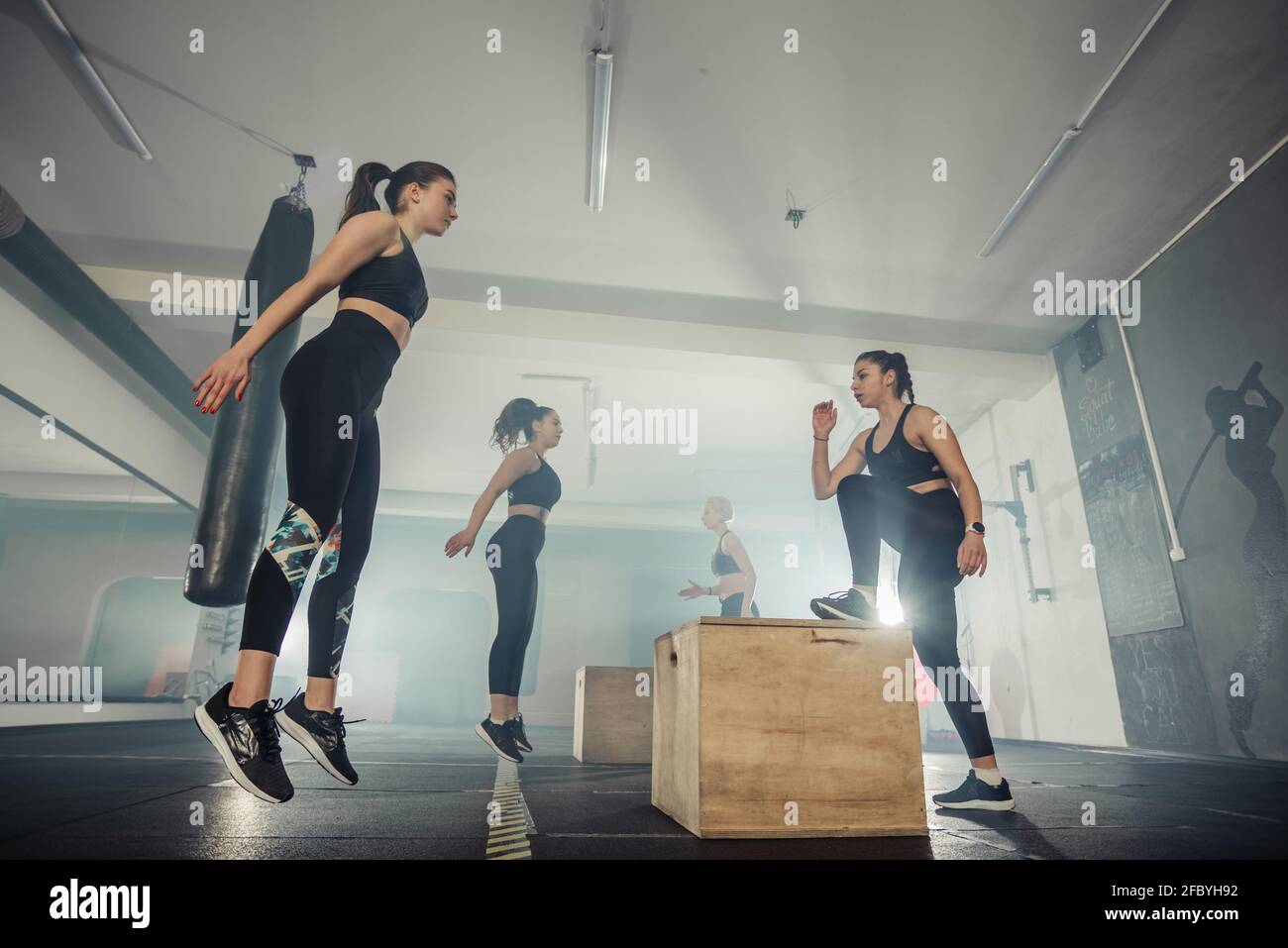 Fitness group of strong women having cross-functional training in the ...