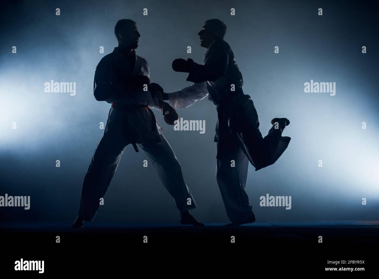 Karate men with black belt posing, champion of the world on black ...