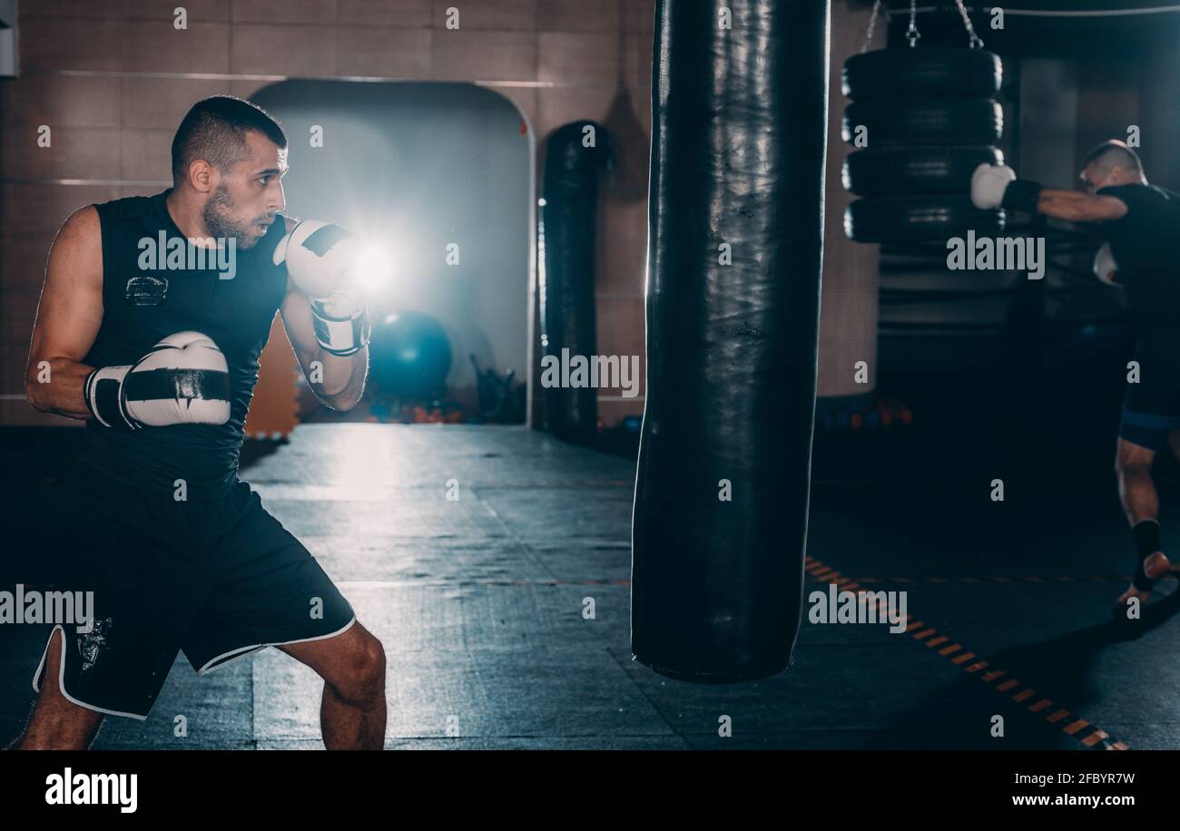 Muscular handsome fighter giving a forceful forward kick during a ...