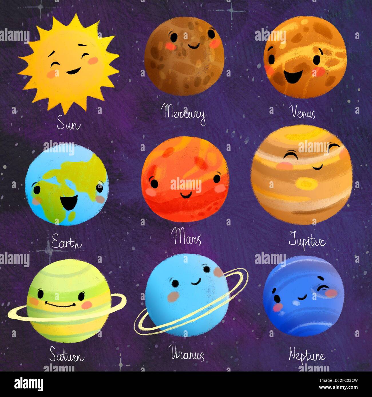 Cute Solar System poster on dark background. Set of smiley planets hand ...