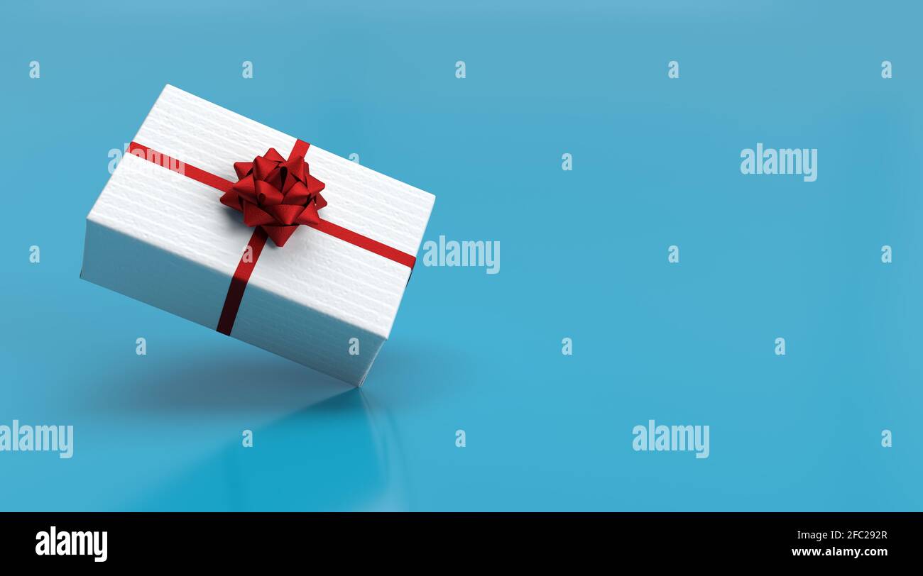 White floating present box with red bow and cyan background 3D ...