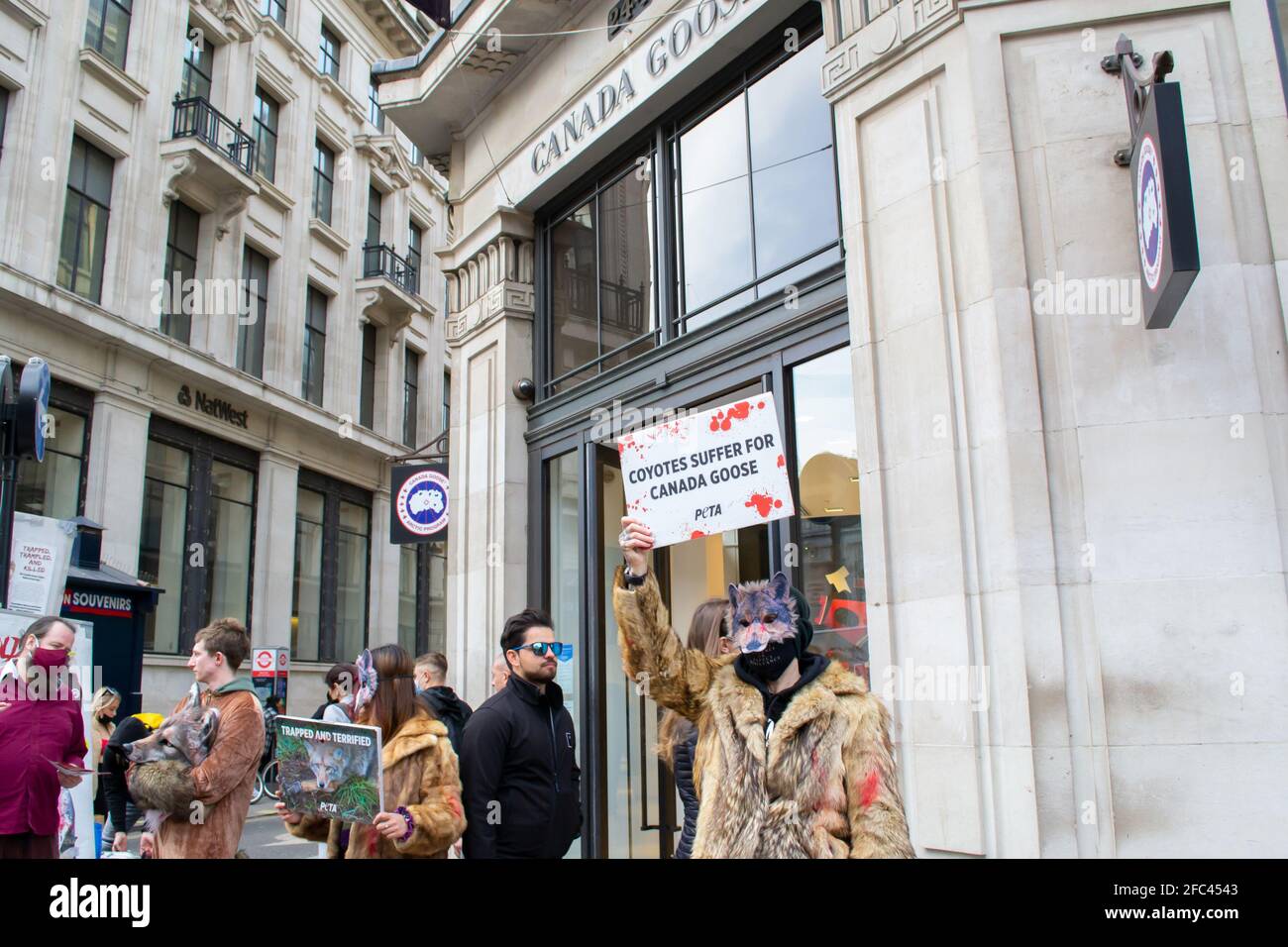 REGENT STREET, ENGLAND- 17 April 2021: Animal rights protesters outside ...