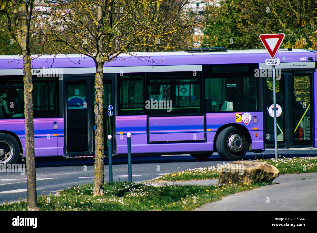 Reims France April 23, 2021 Bus driving through the streets of Reims ...