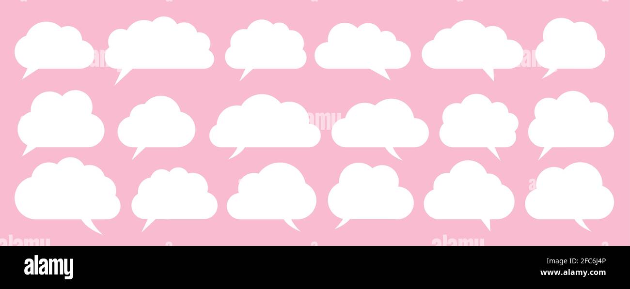 White speech flat vector cloud set. Clouds cartoon symbols on pink ...