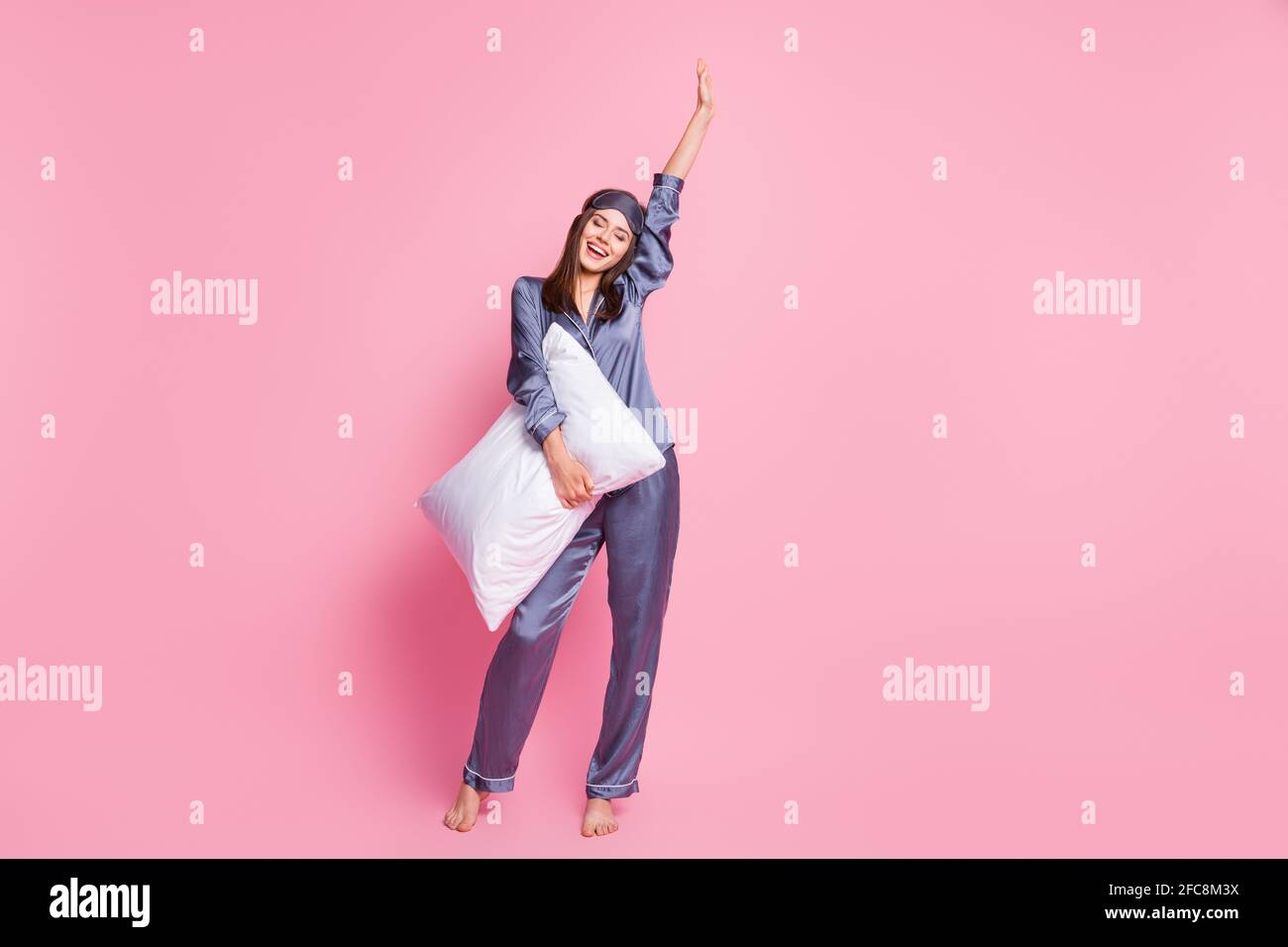 Photo portrait full body view of excited girl raising one hand up ...