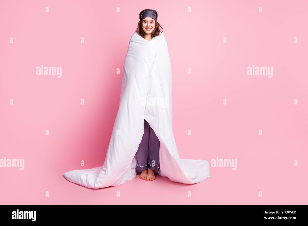 Photo portrait full body view of girl covered in bed sheets isolated on ...