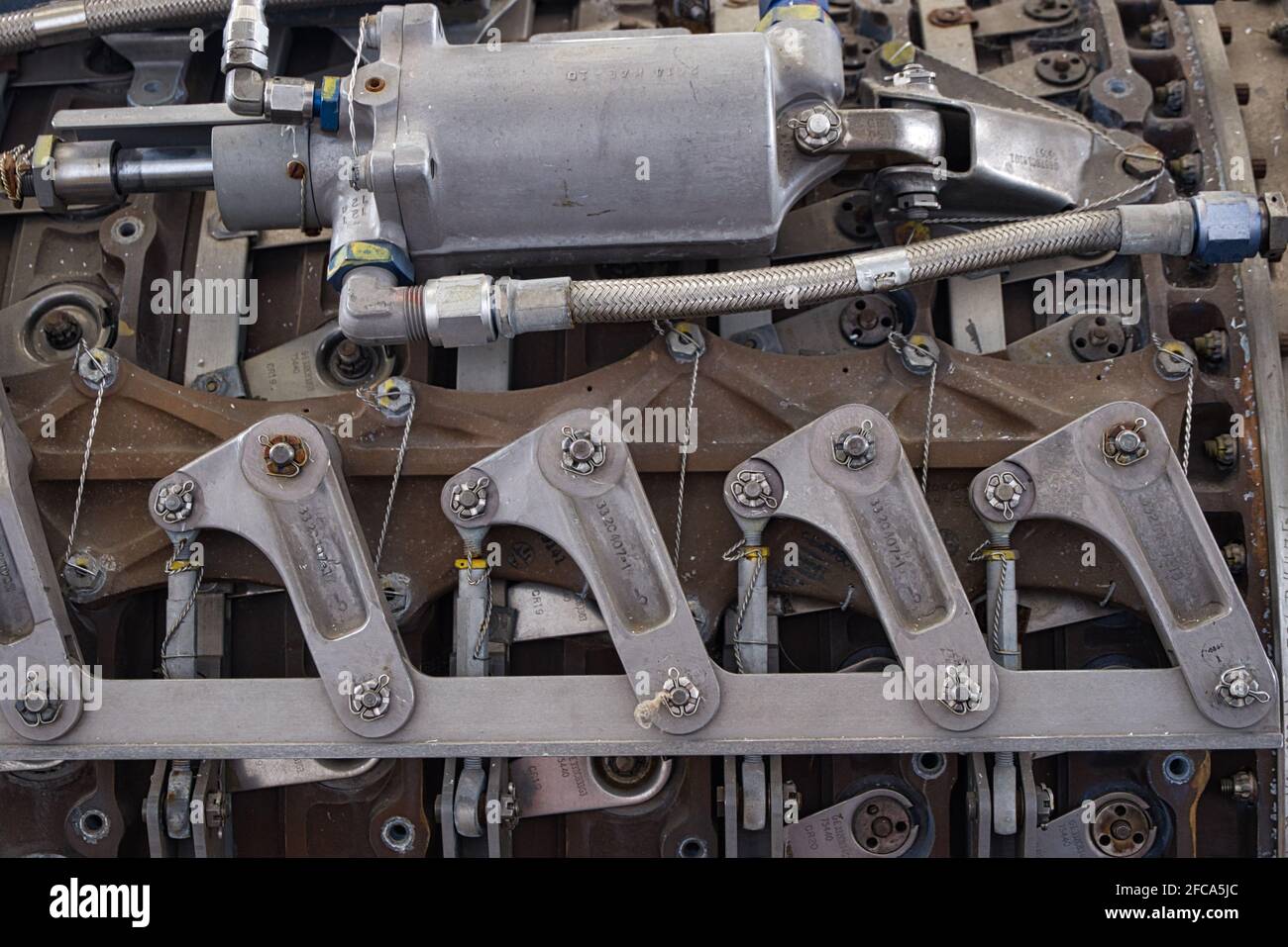 Up close detail if the Variable Vane actuator`s of a GE J79 jet engine ...