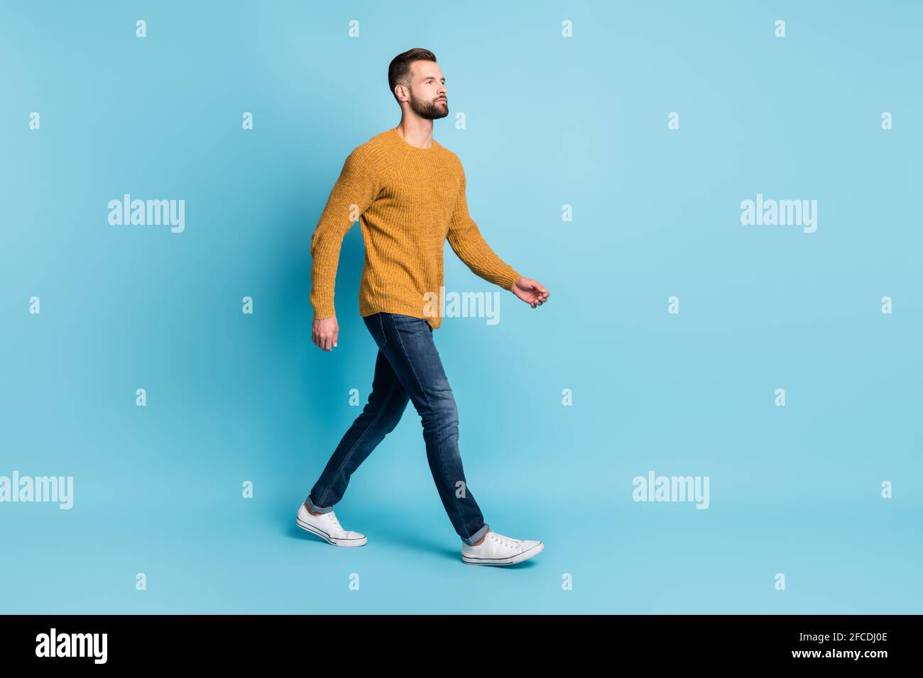 Full size photo of young serious cool attractive handsome man go walk ...